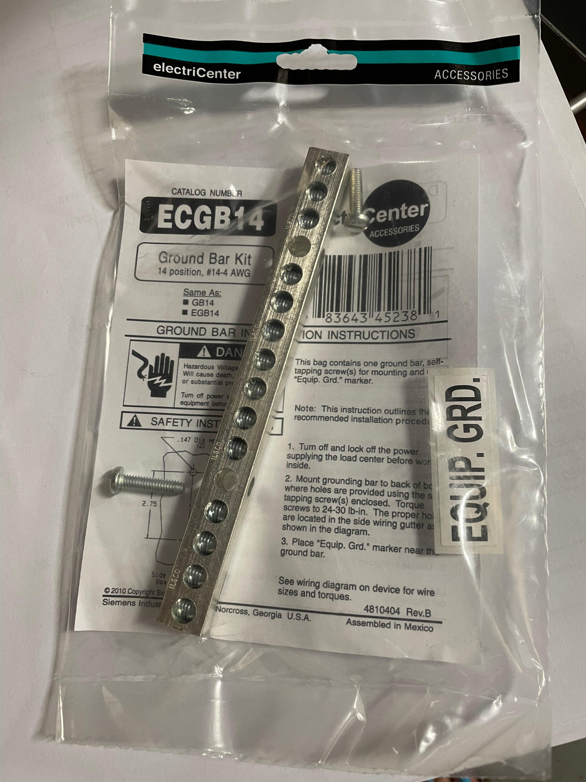 ECGB14 Siemens Ground Bar Kit, 14 Position, Neutral — American Copper ...
